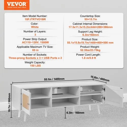 Ratanový TV stojan pro 165,1 cm TV Boho TV stojan s vestavěnou zásuvkou bílá
