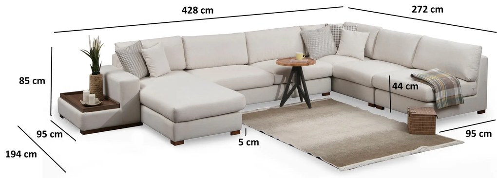 Rohová sedačka se stolkem Bellona 428 cm béžová - pravá