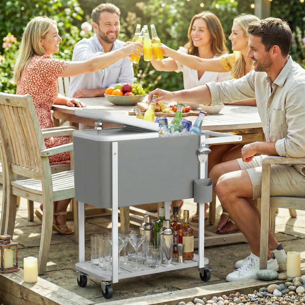 Outsunny chladicí vozík 56 l na kolečkách s policí, otvíráčem a vypouštěním — venkovní párty chladnička, 84 × 38 × 83 cm, šedá