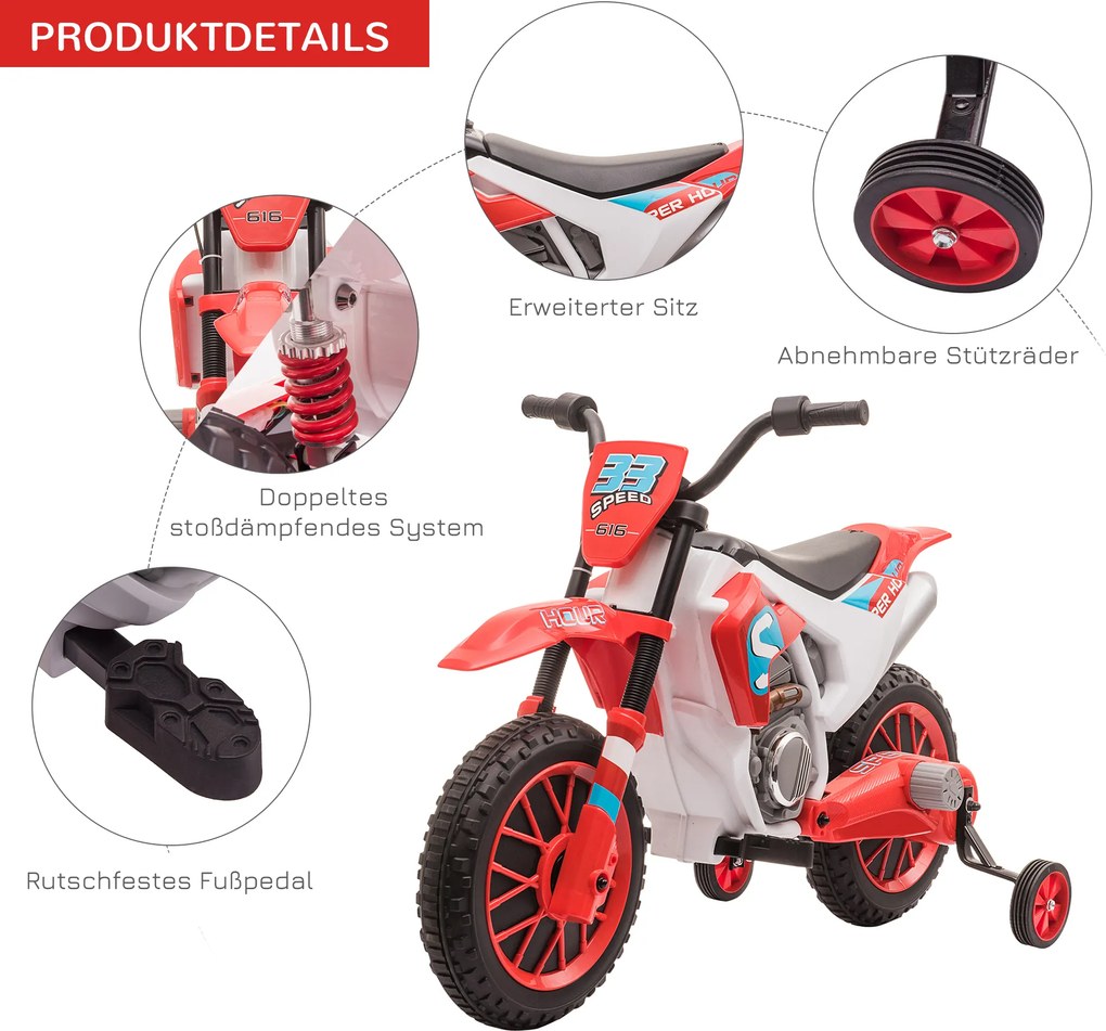HOMCOM Dětská Elektrická Motorka 12V s 2 Odnímatelnými Stabilizátory pro Děti od 3 Let PP Kovová Červená+Bílá 106,5 x 51,5 x 68 cm
