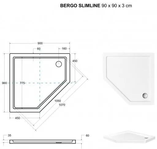 BESCO Pětiúhelníková sprchová vanička BERGO Rozměr C - 6 cm VANKBERG90