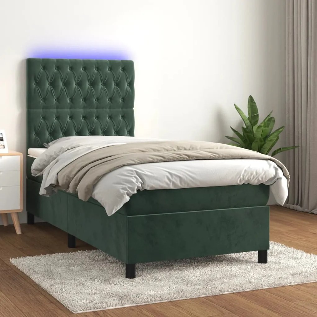 Box spring postel s matrací a LED tmavě zelená 100x200 cm samet 3136290