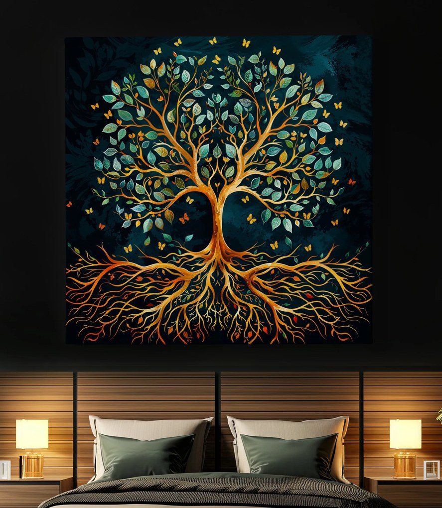 Obraz na plátně - Strom života Zlatavé kořeny Emdrasil FeelHappy.cz Velikost obrazu: 100 x 100 cm