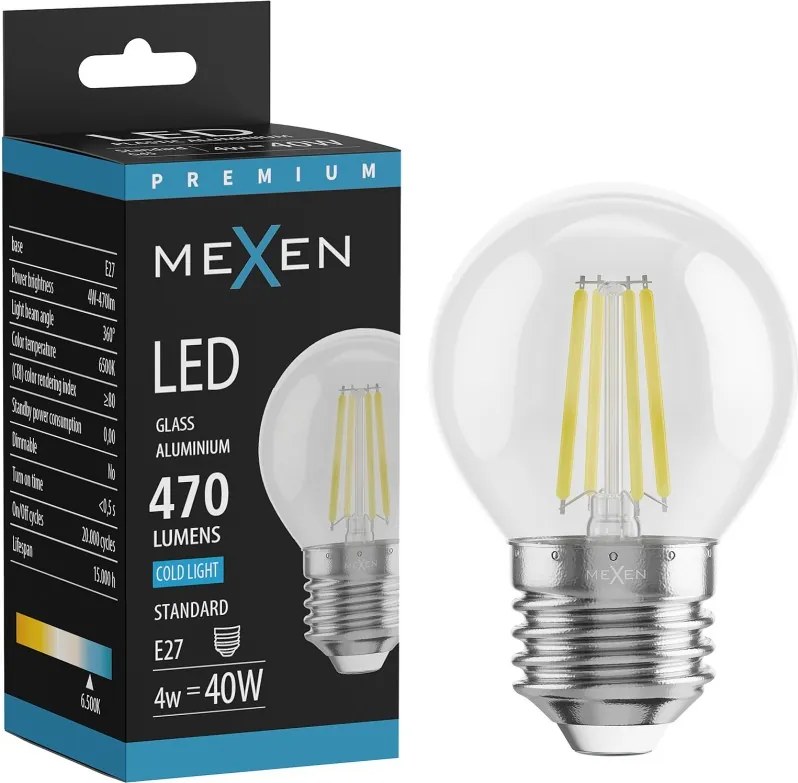 Mexen Vintis, LED filamentová žárovka E27, G45, 4 W, studená bílá 6500K, čirá, L156-E27-0465-00