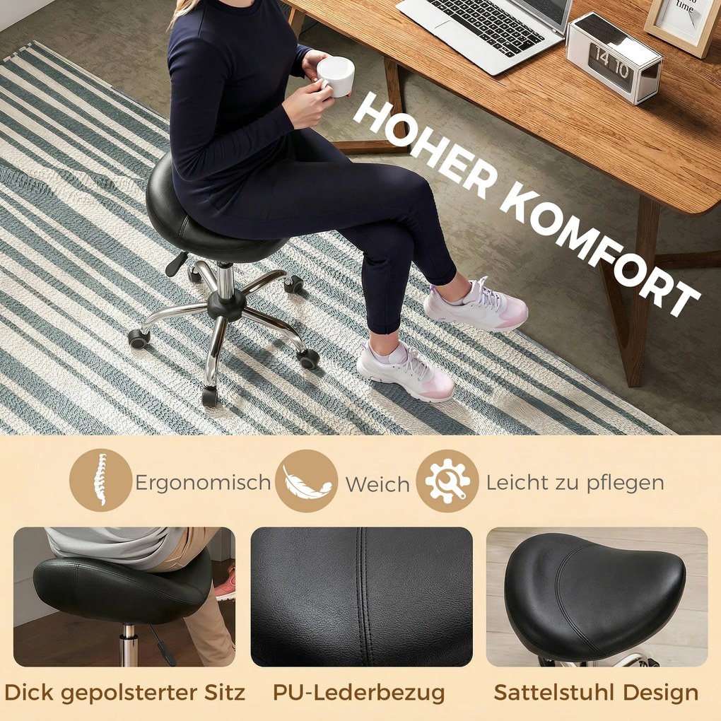 HOMCOM Rolovací stolička Výškově nastavitelná pracovní stolička s kolečky otočná imitace kůže černá 48 x 48 x 54-69 cm pro salony a masáže | Aosom.de