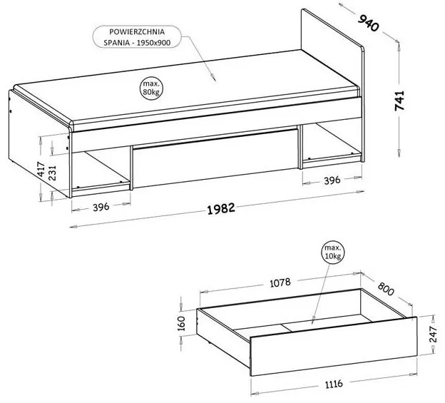 Arca w | postel jednolůžko AR9 se zásuvkou | 90x195 cm | dub wotan/bílá