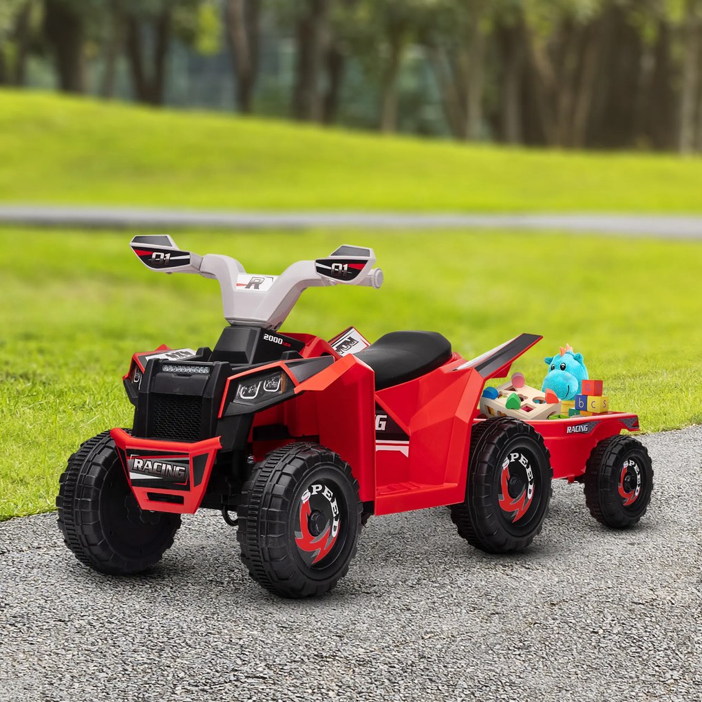 HOMCOM Prodám elektrickou čtyřkolku, s přívěsem, rychlost vpřed a vzad, oděruvzdorná kola, kovová, pro 1,5-3 roky, nosnost 25 kg, červená
