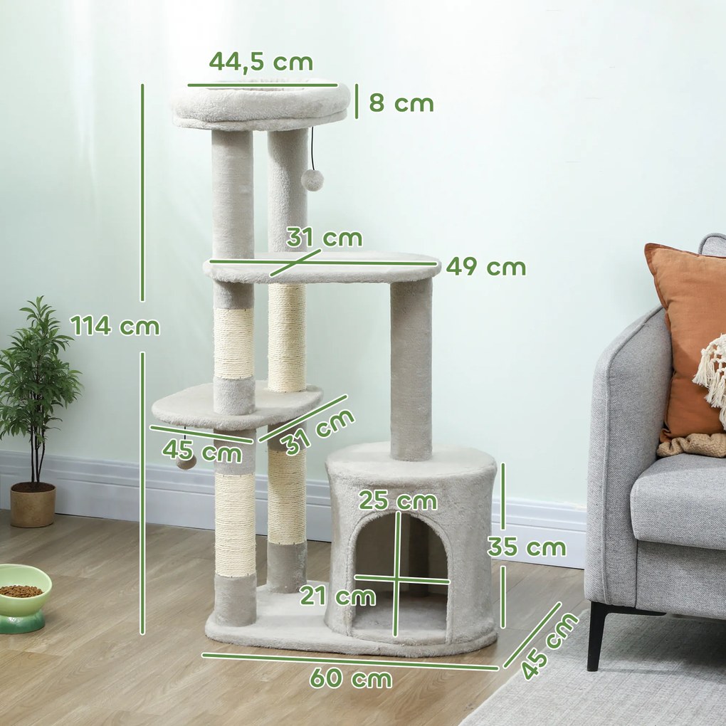 Škrabadlo pro kočky 114 cm s jeskyní, sisalové sloupky, plošina, víceúrovňové pro středně velké kočky do 6 kg, světle šedá barva