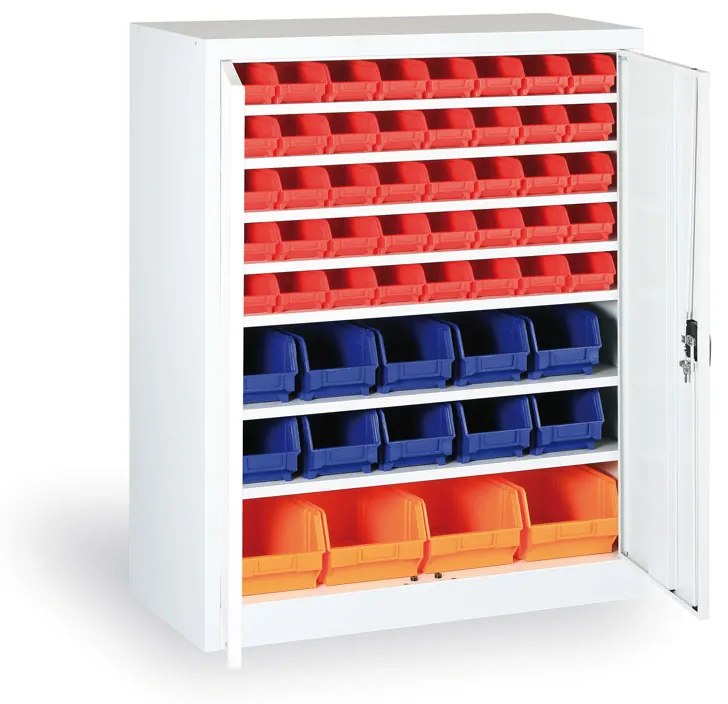 Skříň s plastovými boxy BASIC - 1150 x 400 x 920 mm, 32xA/12xB/4xC, šedá/modré dveře