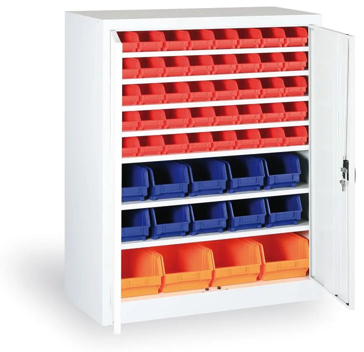 Skříň s plastovými boxy BASIC - 1150 x 400 x 920 mm, 32xA/12xB/4xC, šedá/šedé dveře