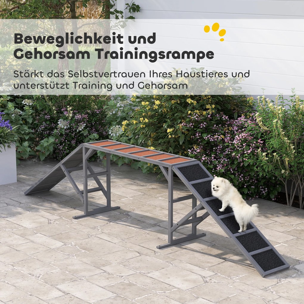 Agility lávka pro psy s bezpečnostní tyčí protiskluzový povrch odolný proti povětrnostním vlivům agility vybavení do 40 kg 335x55x60 cm šedá