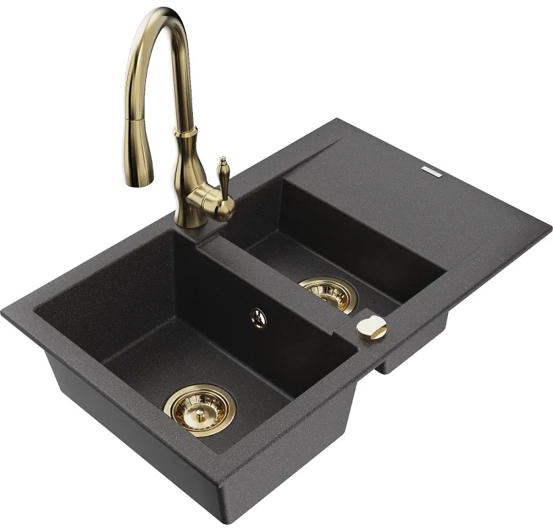 Mexen Gaspar žulový dřez 1,5-komorový s odkapávačem a kuchyňskou baterií Savita, černý skvrnitý - 6507-76-672601-50