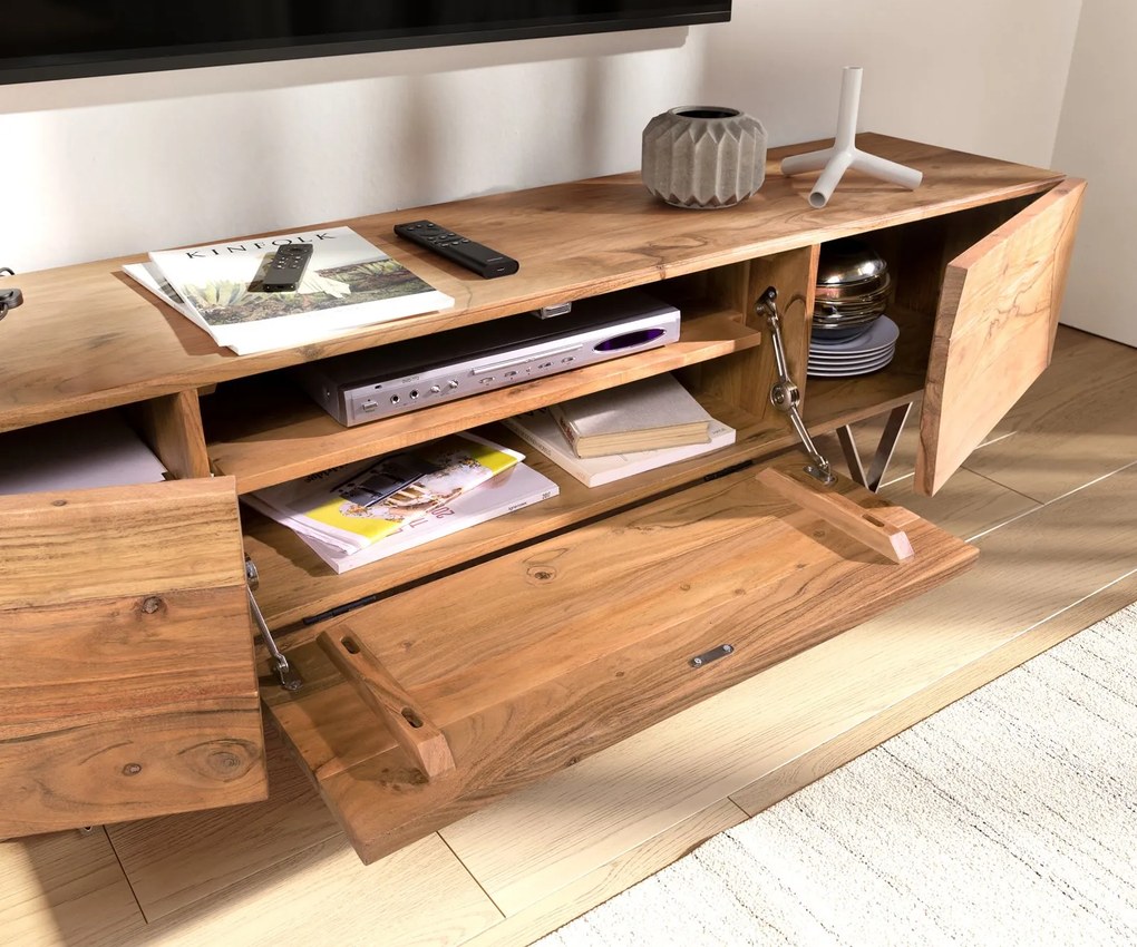 DELIFE Designový TV stolek Wyatt 175 cm akácie přírodní 2 dvířka 1 výklopná dvířka