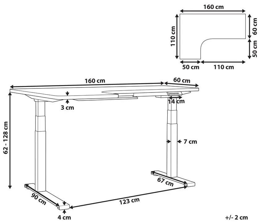 Rohový elektricky nastavitelný psací stůl levostranný 160 x 110 cm tmavé dřevo/bílý DESTIN II Beliani