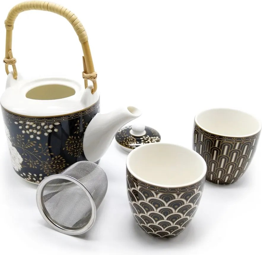 Porcelánová čajová souprava Art Deco, konvice 0,6 l – s bambusovým držadlem, se 2 šálky, art deco design, s nerezovým sítkem