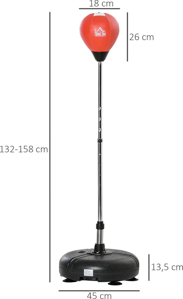 HOMCOM Nastavitelný volně stojící boxovací míč s plnitelným podstavcem a rukavicemi pro dospělé a teenagery Ø45x132-158 cm Černá a Červená