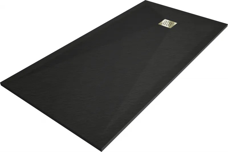 Mexen Stone+, obdélníková vanička z minerálního kompozitu 160 x 100 cm, černá, zlatá lesklá krytka, 44701016-G