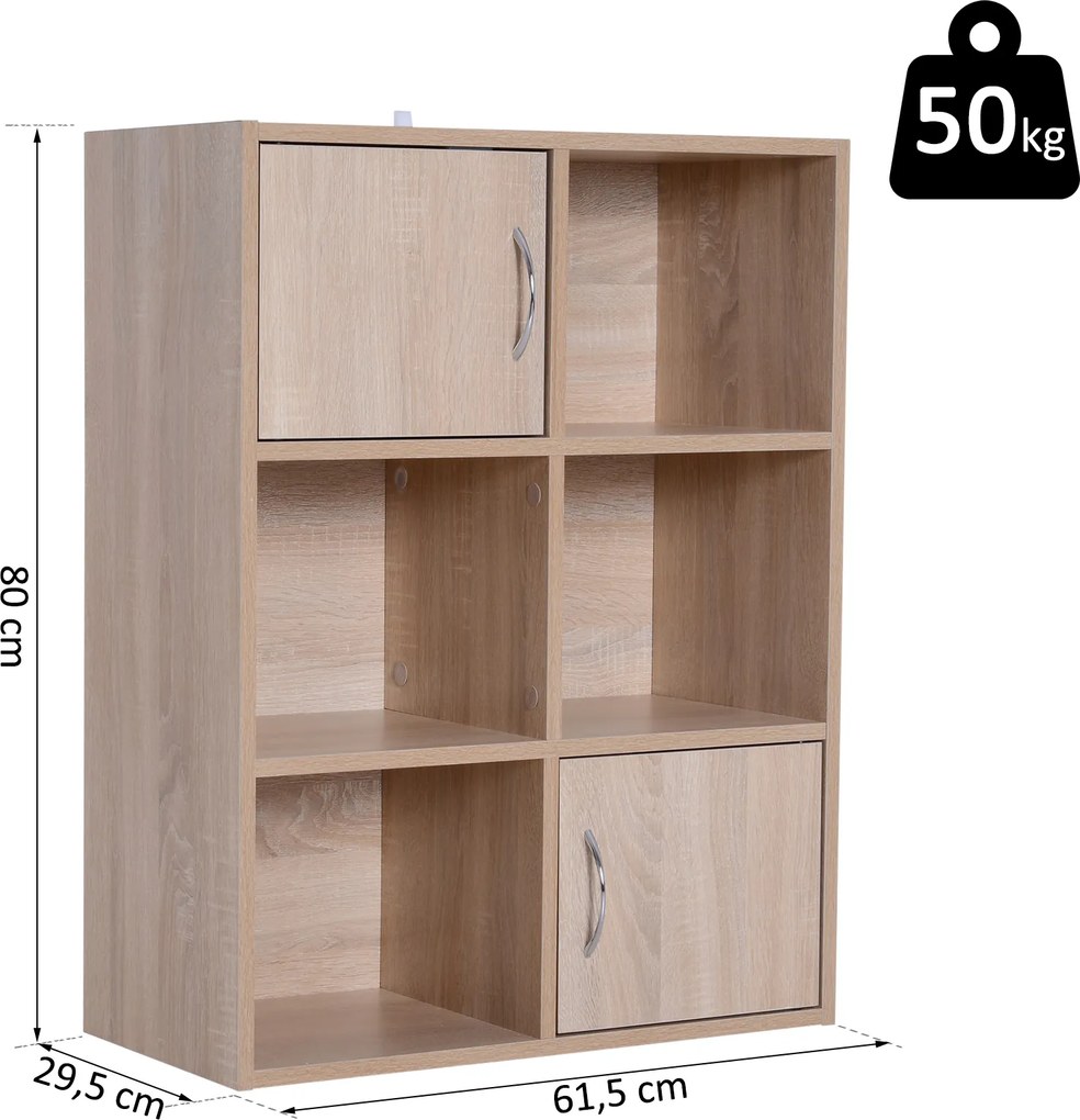 HOMCOM Dřevěná Knihovna, Víceúčelový Skříň s 3 Policemi, 4 Přihrádkami a 2 Dveřmi, 61,5x29,5x80cm