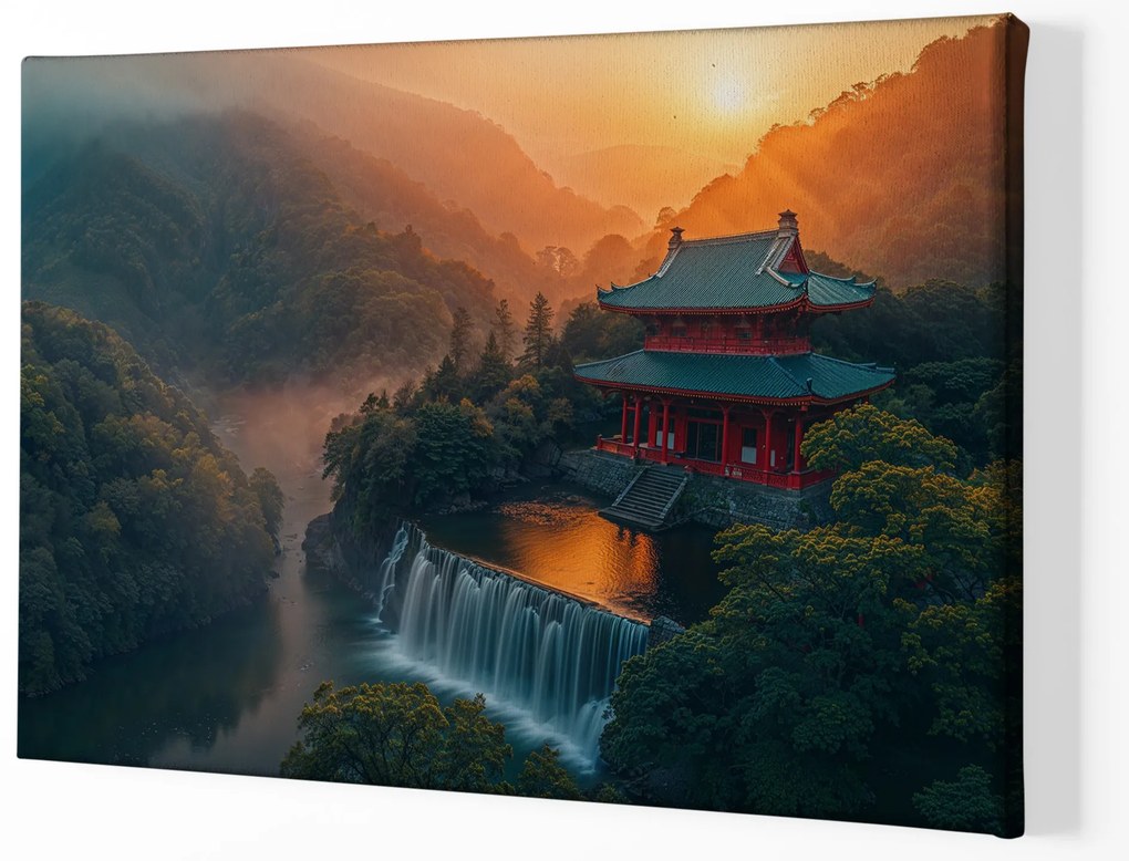 Obraz na plátně - Japonský chrám s vodopády a západem slunce FeelHappy.cz Velikost obrazu: 40 x 30 cm