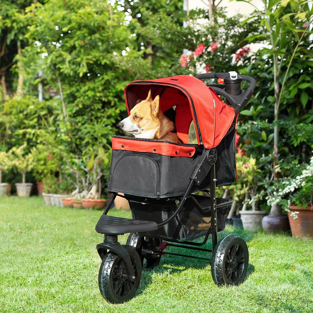 Skládací kočárek pro psy PawHut s 3 koly, síťovanými okny, košíkem a bezpečnostními popruhy, nosnost 25 kg, rozměry 109,5x57,5x106,5 cm, červený