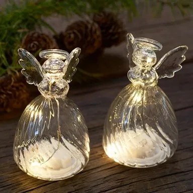 LED svítící anděl skleněný, čirý, 8 cm, sada 2 kusy