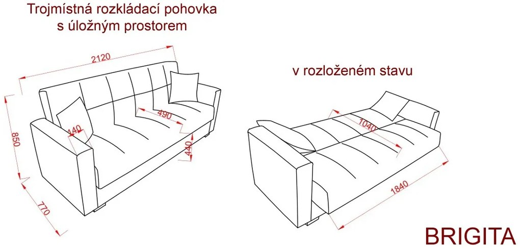 Trojmístná rozkládací pohovka s úložným prostorem Brigita - šedá