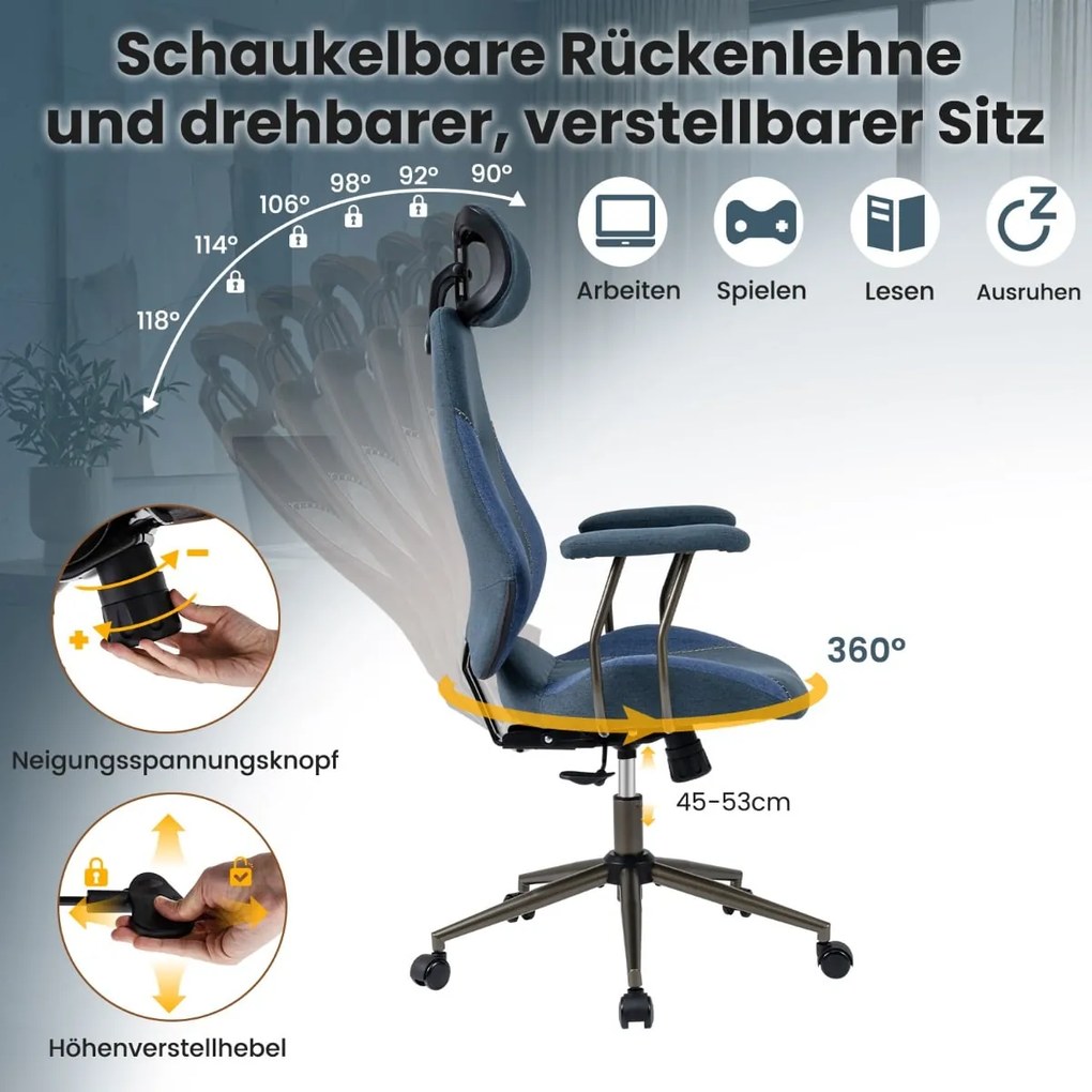 Costway Ergonomická kancelářská židle s lněnou látkou a nastavitelným opěradlem