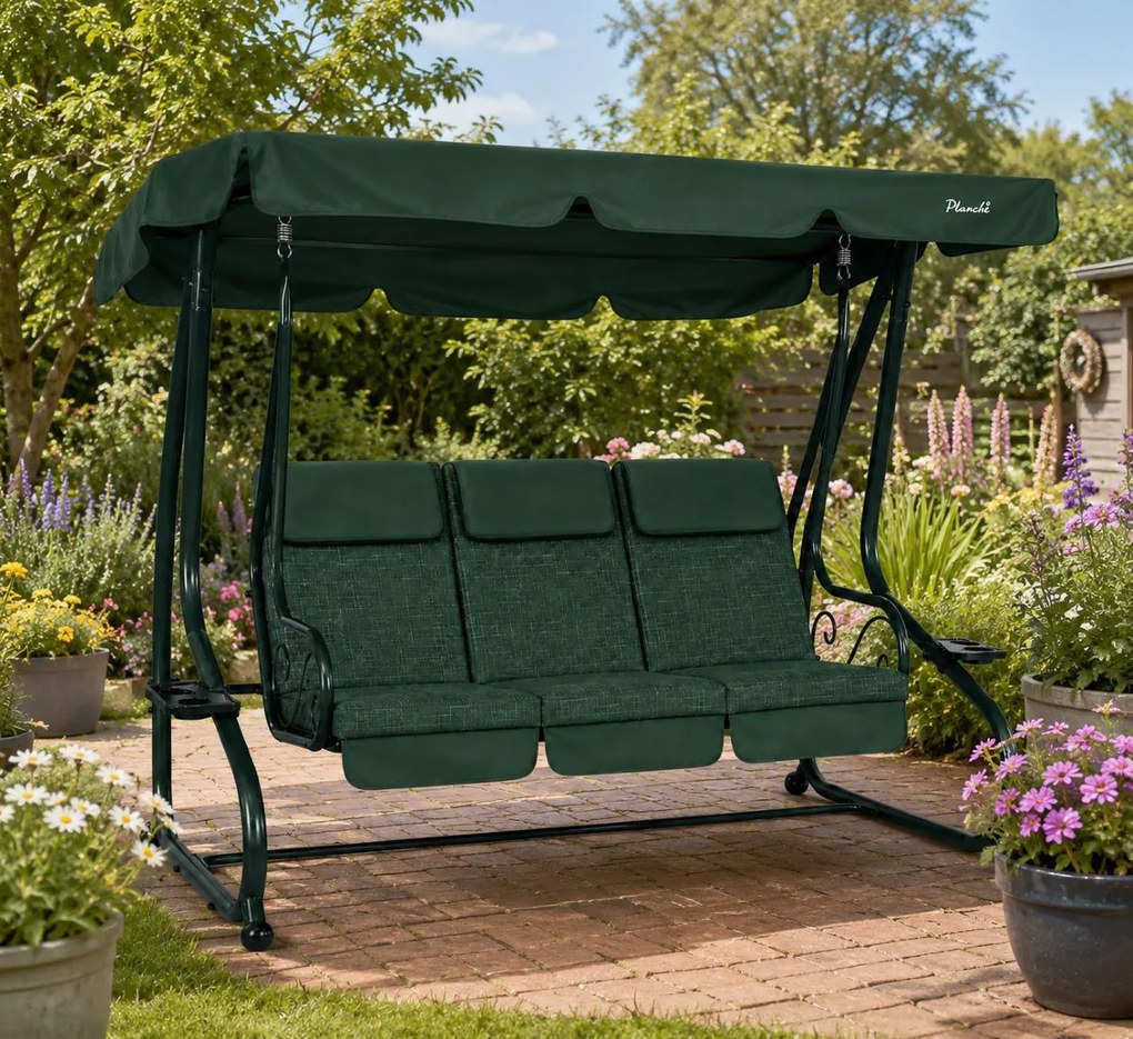GardenLine Luxusní zahradní houpačka s lůžkem a držáky na nápoje pro 3 osoby 200 × 120 × 164 cm SORENTINO Mesh Green zelená