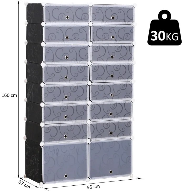 Botník modulární bezšroubový pro 32 párů bot, plast/kov, černo-bílý 95 x 37 x 160 cm 837-017