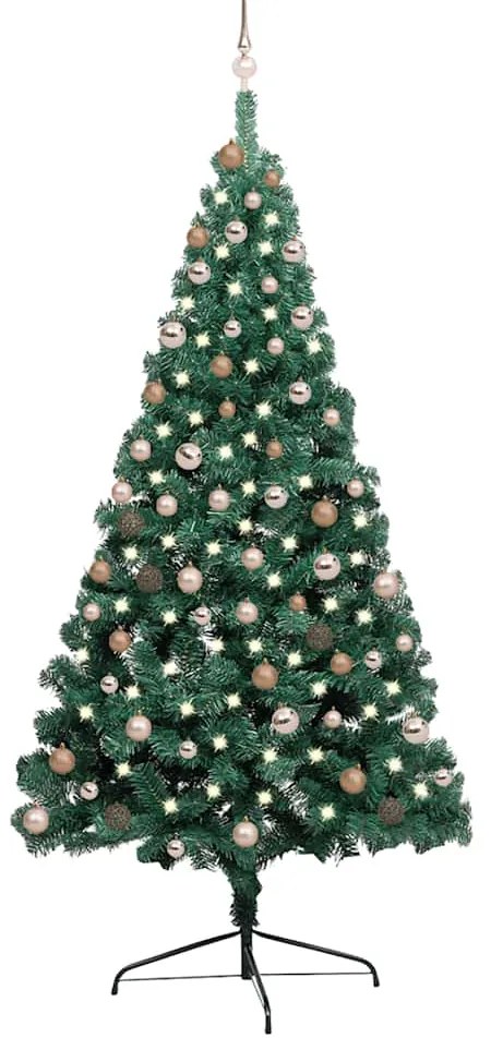 Umělý vánoční půl stromek s LED a sadou koulí zelený 210 cm 3077566