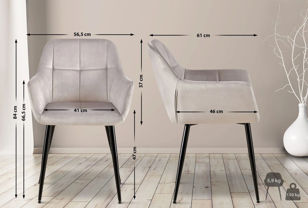 Sada 2 jídelních židlí Emia samet – světle šedá