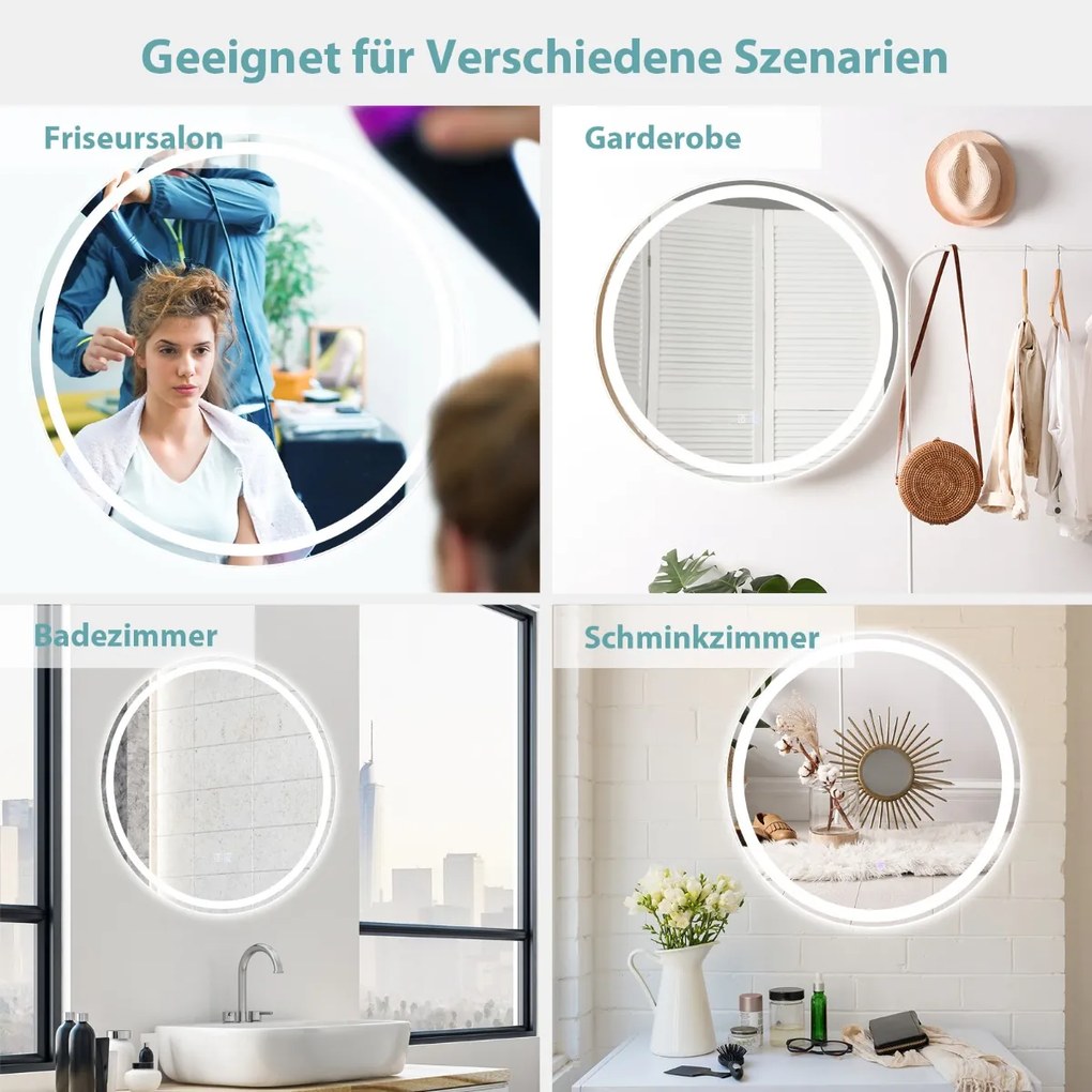 Costway Koupelnové zrcadlo Round LED zrcadlo pro montáž na stěnu 3000 K-6000 K Ø