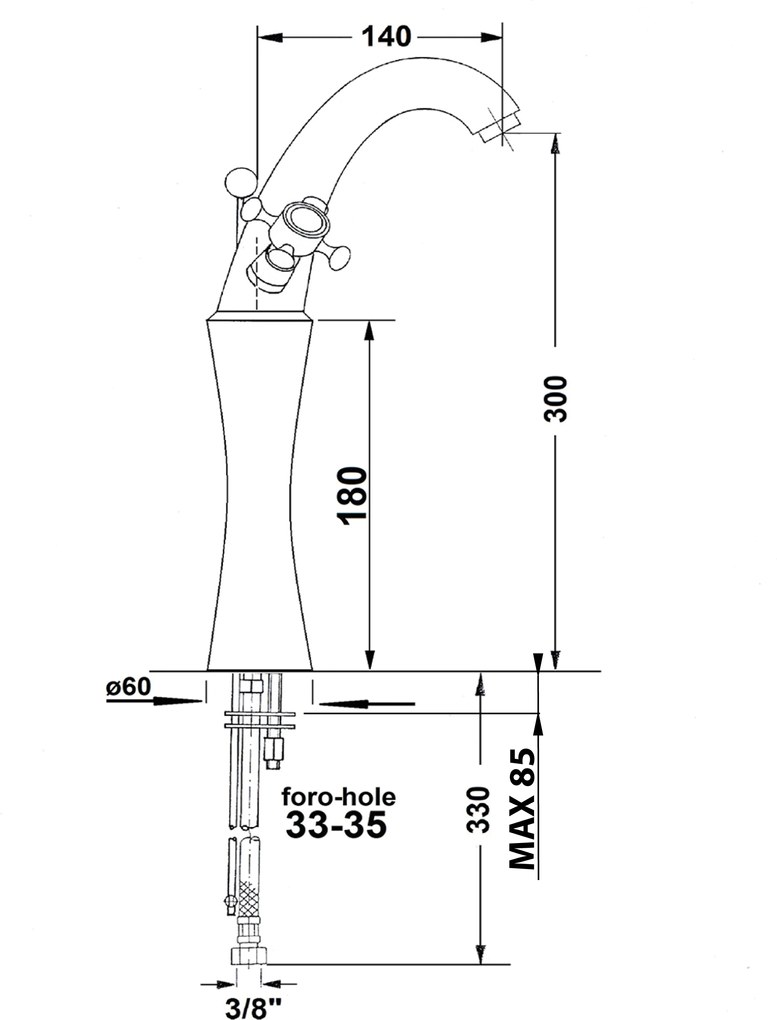Reitano Rubinetteria, ANTEA stojánková umyvadlová baterie vysoká s výpustí, výška 300mm, chrom, 3271L
