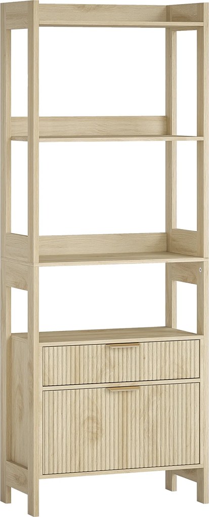 HOMCOM vysoká knihovna, úložný nábytek se 4 otevřenými policemi a 2 drážkovanými zásuvkami, 60 x 30 x 160 cm, přírodní dřevo