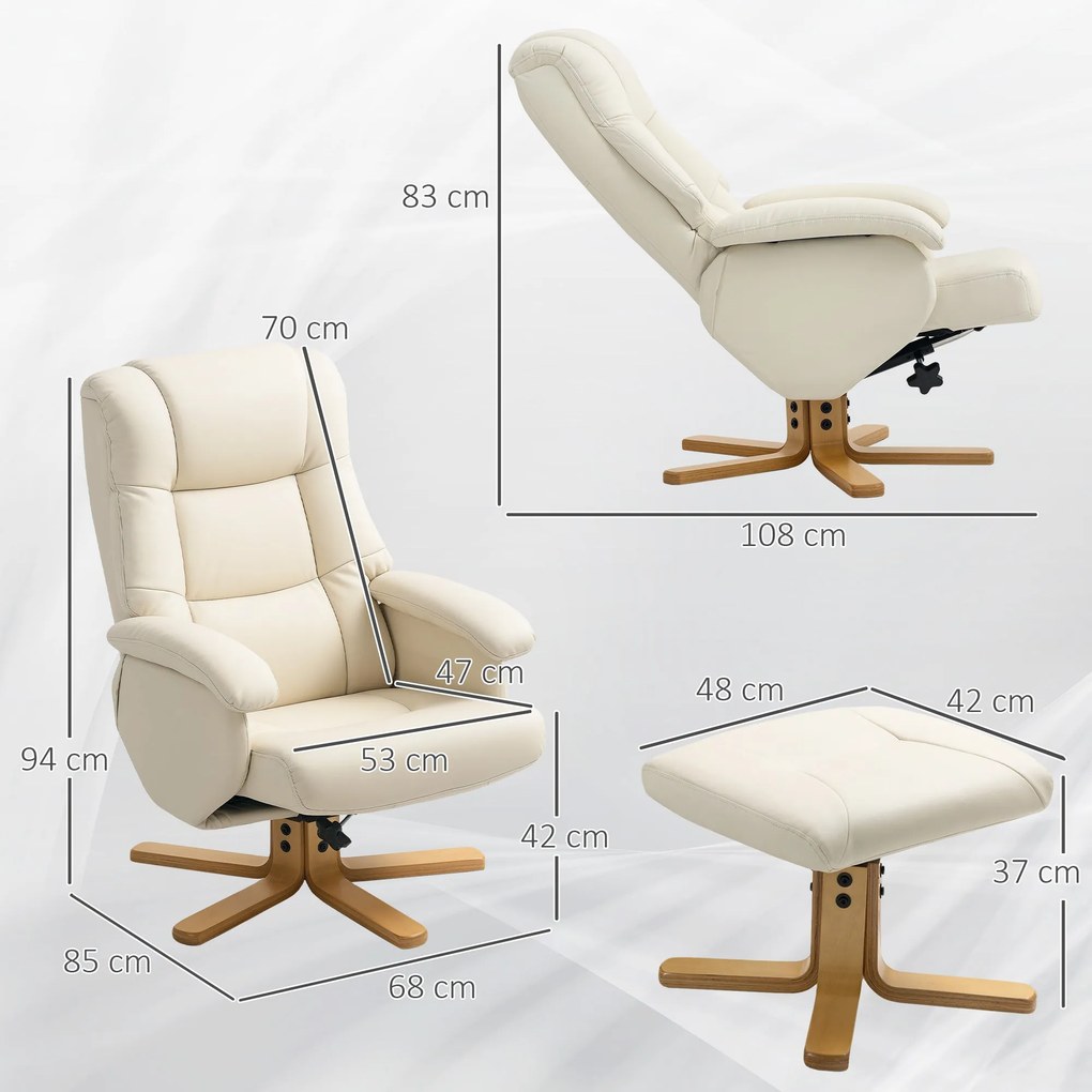 HOMCOM Otočné křeslo s polohováním a podnožkou – Relaxační křeslo 360° s polohovací opěrkou pro TV, nosnost do 120 kg, krémové