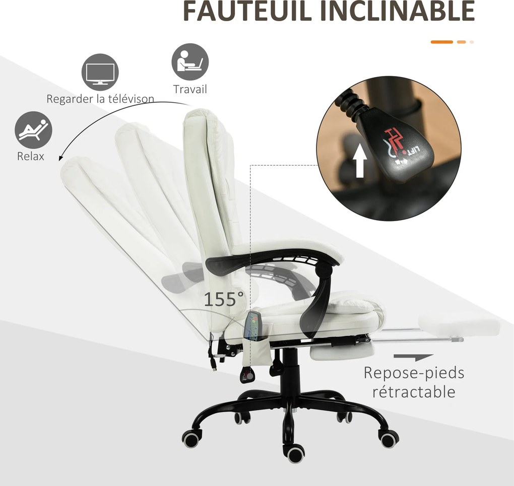 Vinsetto Masážní Kancelářská Židle, Ergonomická Židle s Nastavitelnou Výškou, Sklopným Opěradlem a Ovládáním na Kabel, Sklopnou a 360° Otočnou Podnož…