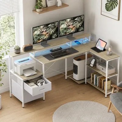 HOMCOM Rohový psací stůl se zásuvkami a RGB LED světlem, počítačový stůl, 172 x 100 cm, držák na monitor, 2 zásuvky, bílý