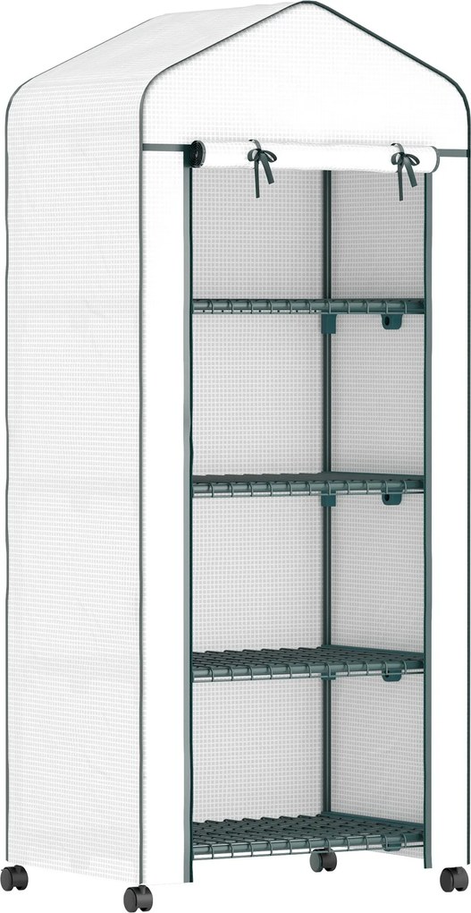 Skleník Outsunny s kolečky a policemi, zimní odolný skleník z ocelové fólie, skleník na balkon, do zahrady, skleník na rajčata 69 x 50 x 165 cm, sklen