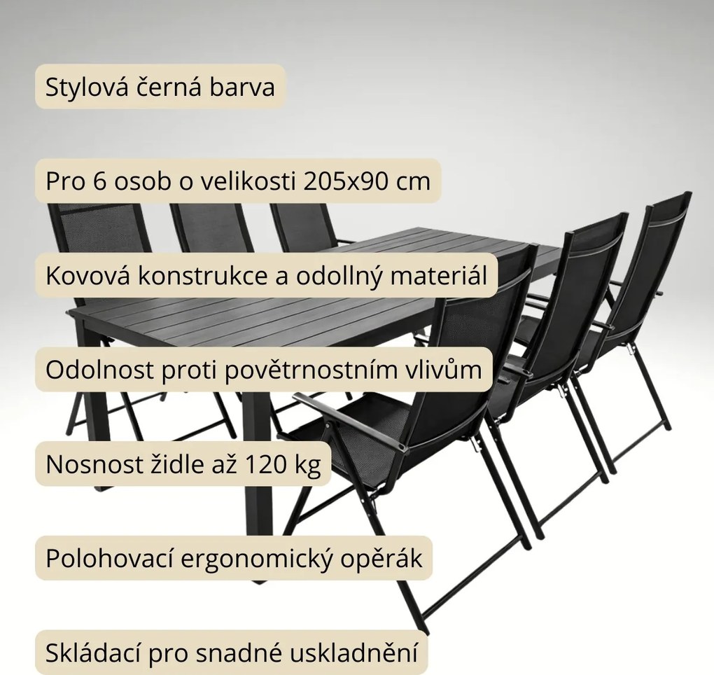 Vikio Zahradní set 205x90 pro 6 osob V137 černá