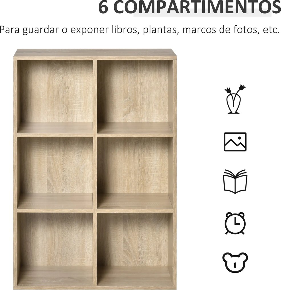 HOMCOM Knihařský regál se 3 policemi a 6 úložnými boxy do obývacího pokoje, ložnice, kanceláře 65,5x30x97,5 cm Dub
