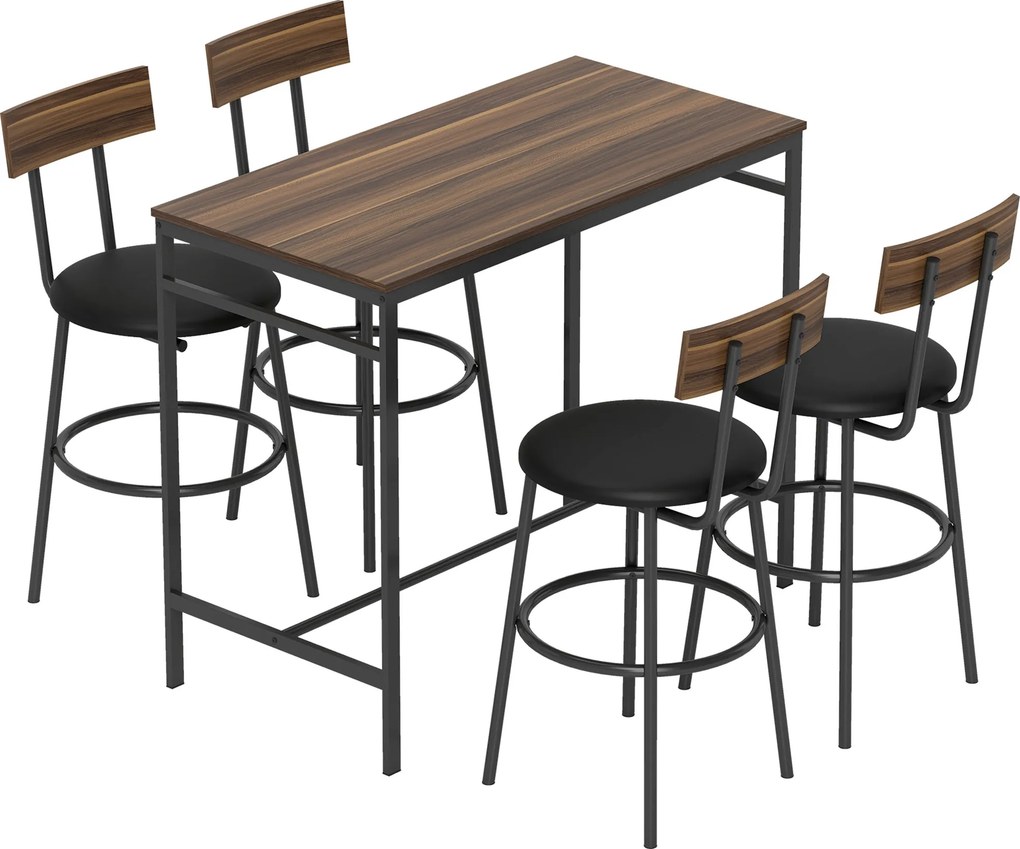 HOMCOM 5dílná sada barového stolu se 4 židlemi, průmyslový design, do kuchyně, jídelny, dřevo, ocel, hnědá