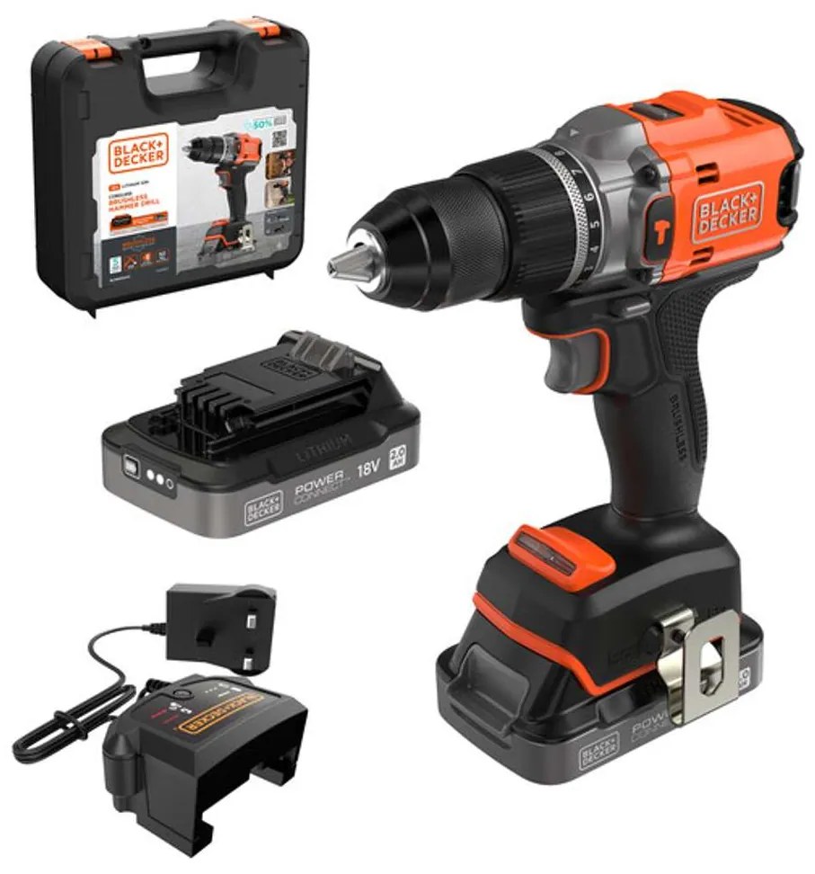 BLACK+DECKER - 18V AKU vrtačka s příklepem, 2x aku 2,0 Ah Li-Ion, nabíječka BLD683D2XK-QW
