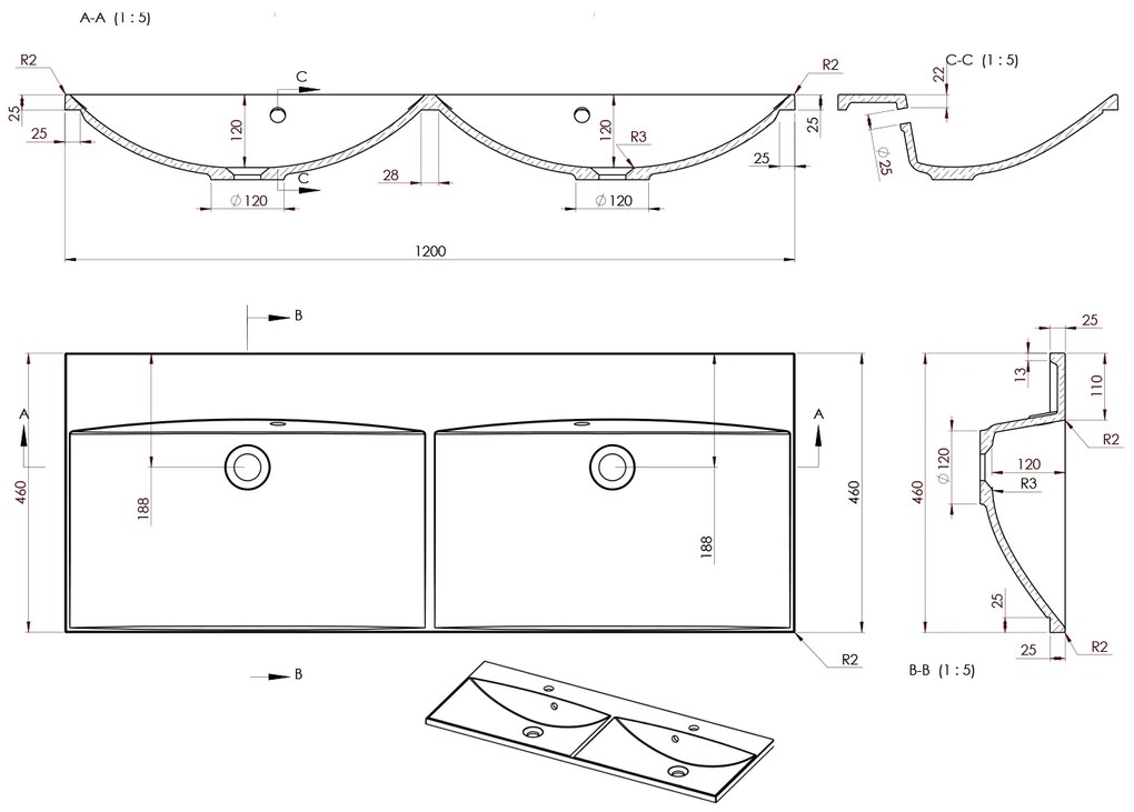 Sapho, MARIA dvojumyvadlo 120x46cm, litý mramor bez otvoru pro baterie, bílá, MA120-0