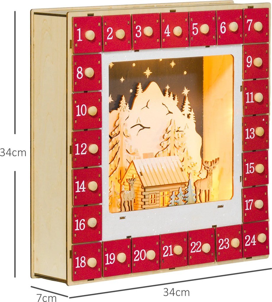 HOMCOM LED adventní kalendář s vesnickou scénou, 24 velkých zásuvek, MDF, 34 x 7 x 34 cm, červená