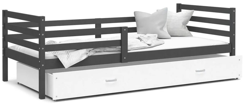 Dětská postel JACEK P1 COLOR s vysokou zábranou, 190x80, korpus šedý/zásuvka bílá