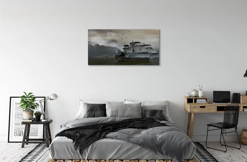 Obrazy na plátně mořské loď hory 125x50 cm