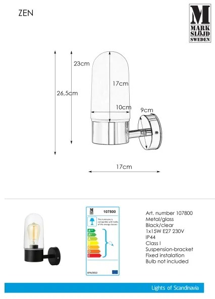 Markslöjd 107800 - Koupelnové nástěnné svítidlo ZEN 1xE27/15W/230V IP44