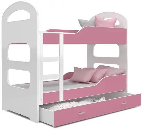 Dětská patrová postel DOMINIK 190x80 BÍLÁ-RŮŽOVÁ