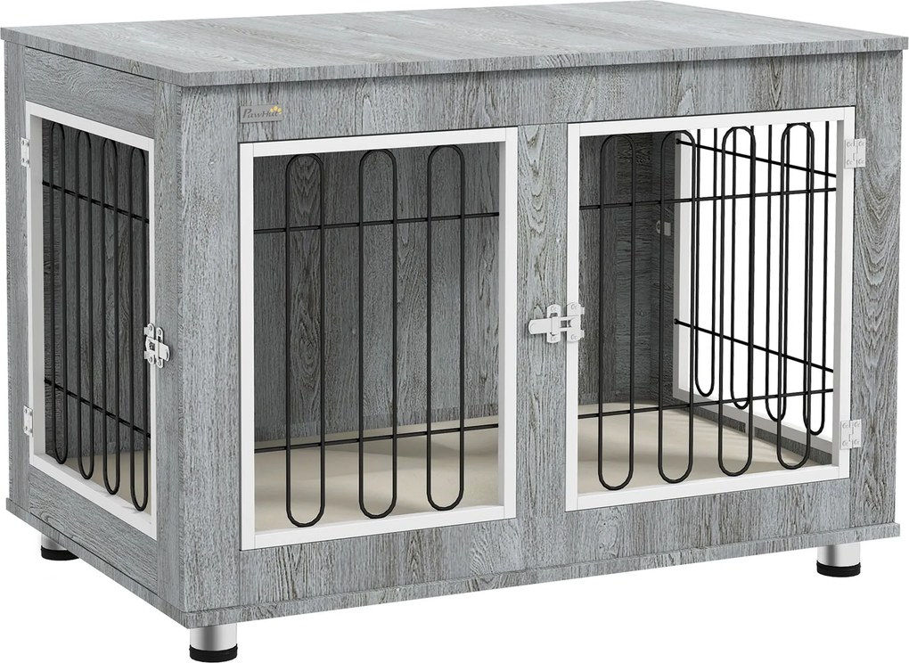 Nábytek pro psy PawHut - klec s 2 dveřmi a měkkým polštářem, 2 zámky, kovová box pro psy do 25 kg, postranní stůl, 90 x 58 x 65 cm, šedý | Aosom
