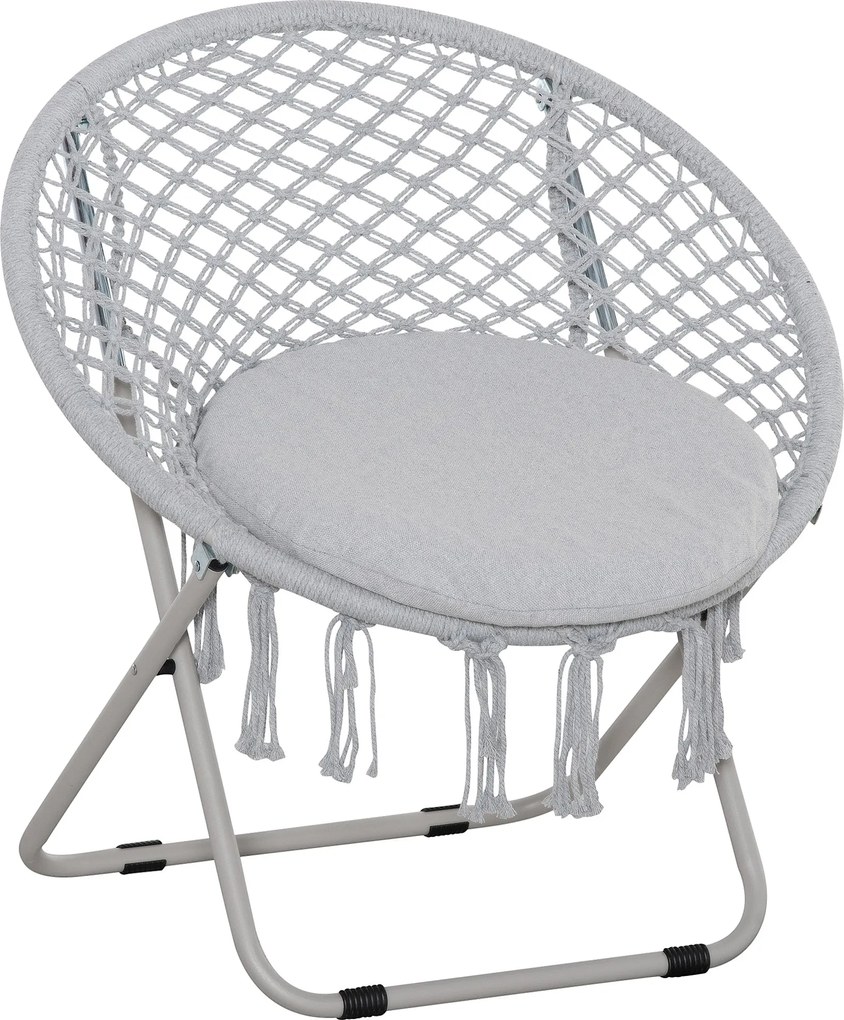 Outsunny Zahradní Kulatý Měsíční Křeslo Skládací Papasan Křeslo Makramé Bavlna Polyester Šedá | Aosom